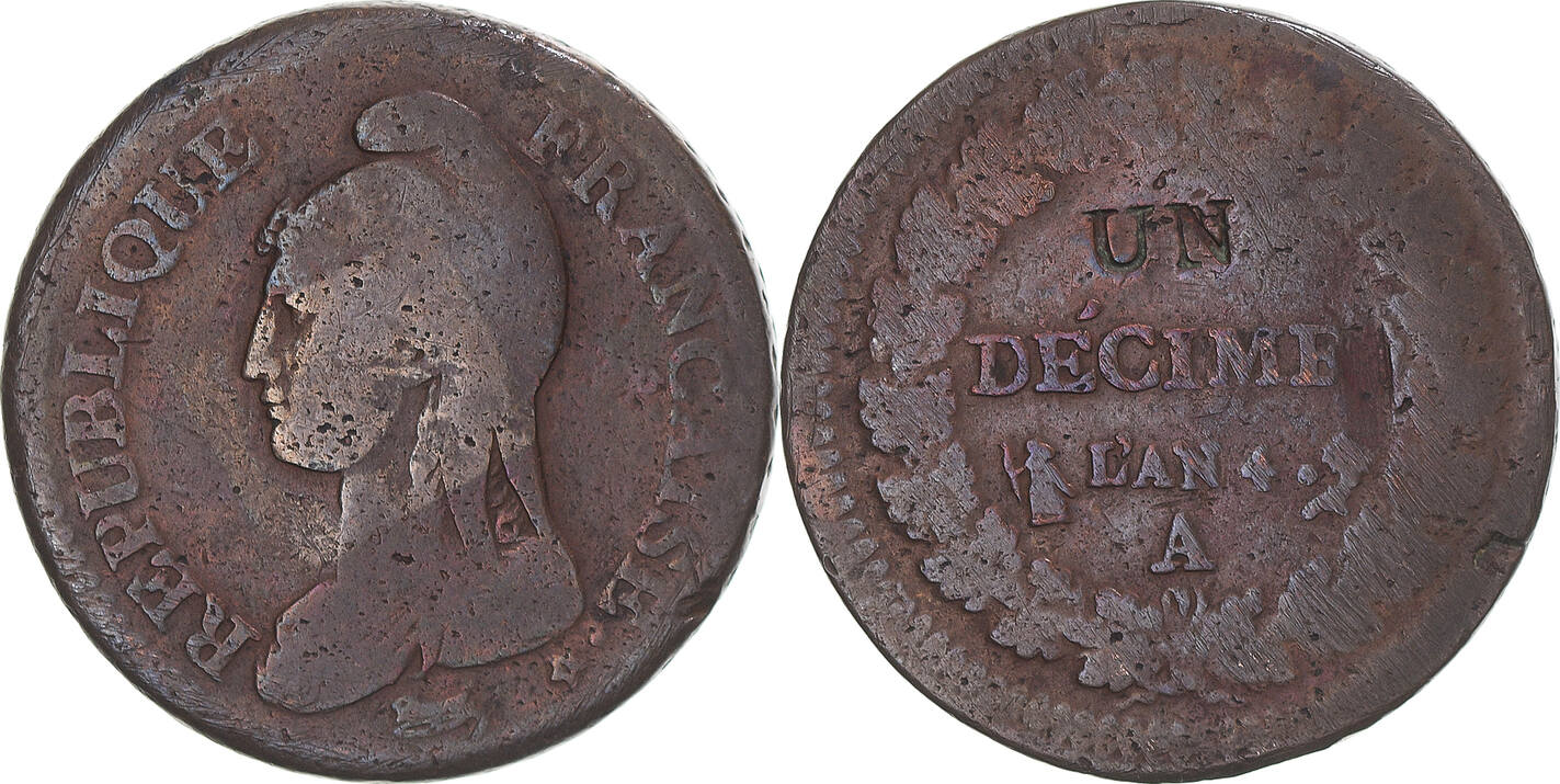 Frankreich Decime 1792 / AN 4 A Münze, Dupré, Paris, modifié, S, Bronze ...