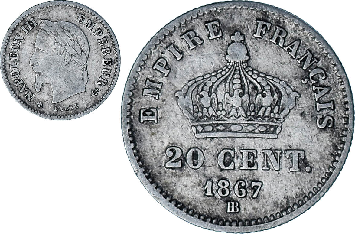 Frankreich 20 Centimes 1867 Strasbourg Münze, Napoleon III, Strasbourg, S+, Silber | MA-Shops