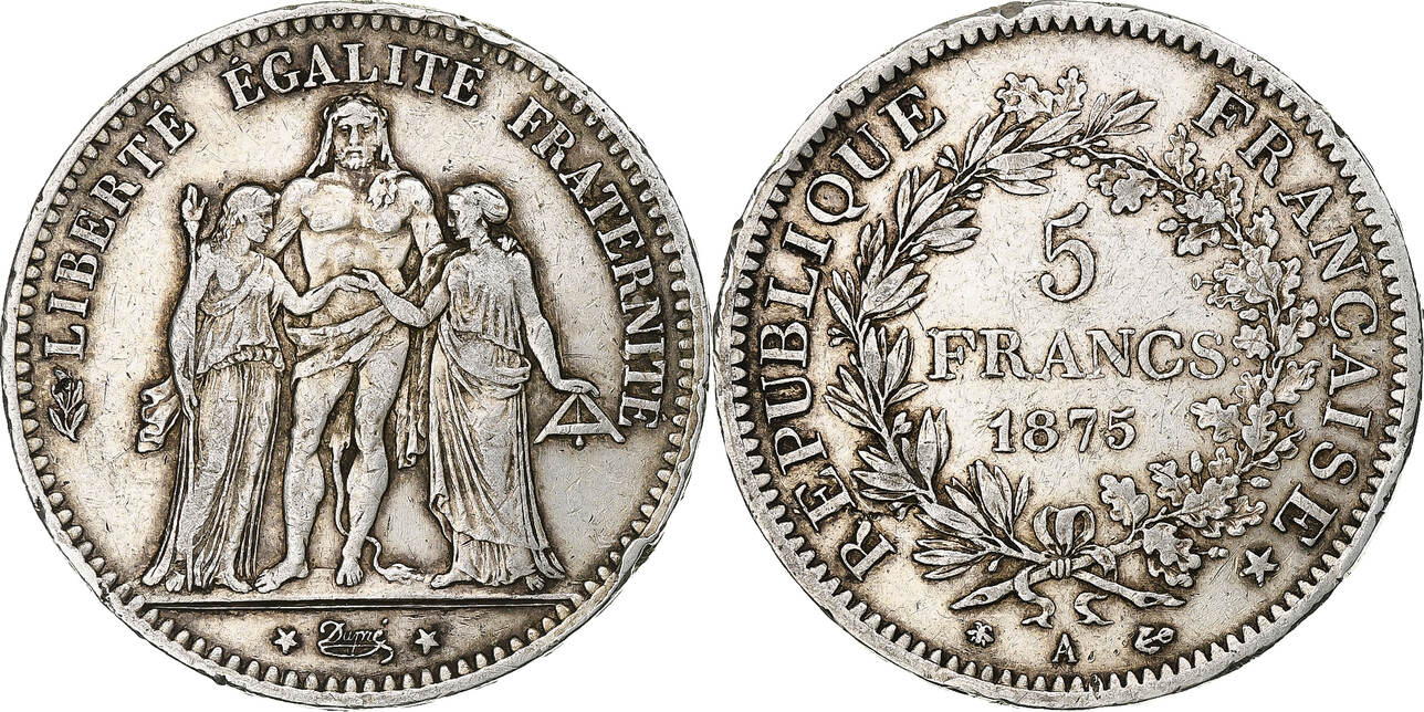 Frankreich 5 Francs 1875 A Hercule, Paris, Silber, SS, Gadoury:745a, KM ...