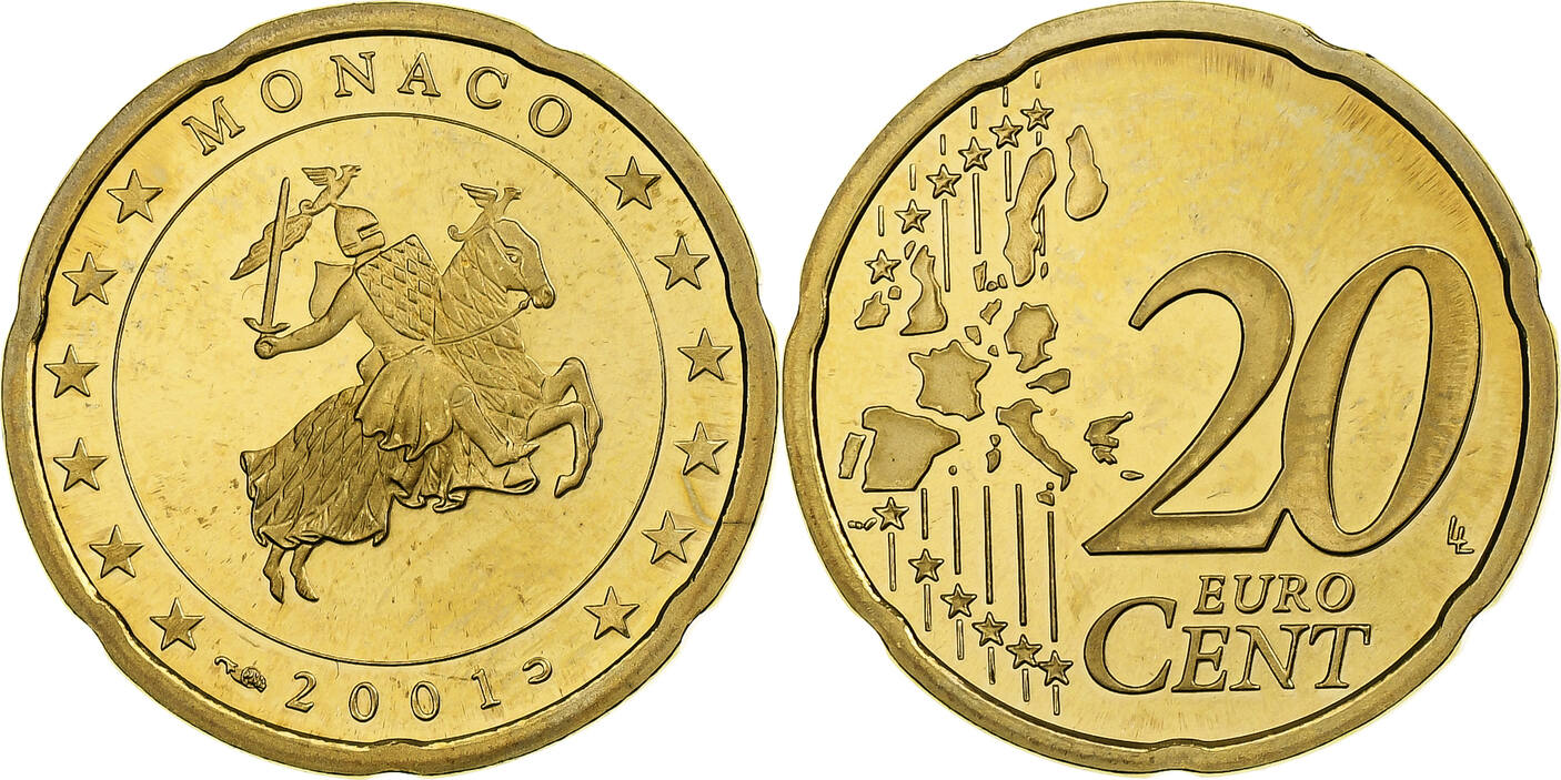 Monaco 20 Euro Cent 2001 (a) Rainier III, Proof / BE, Paris, Messing ...