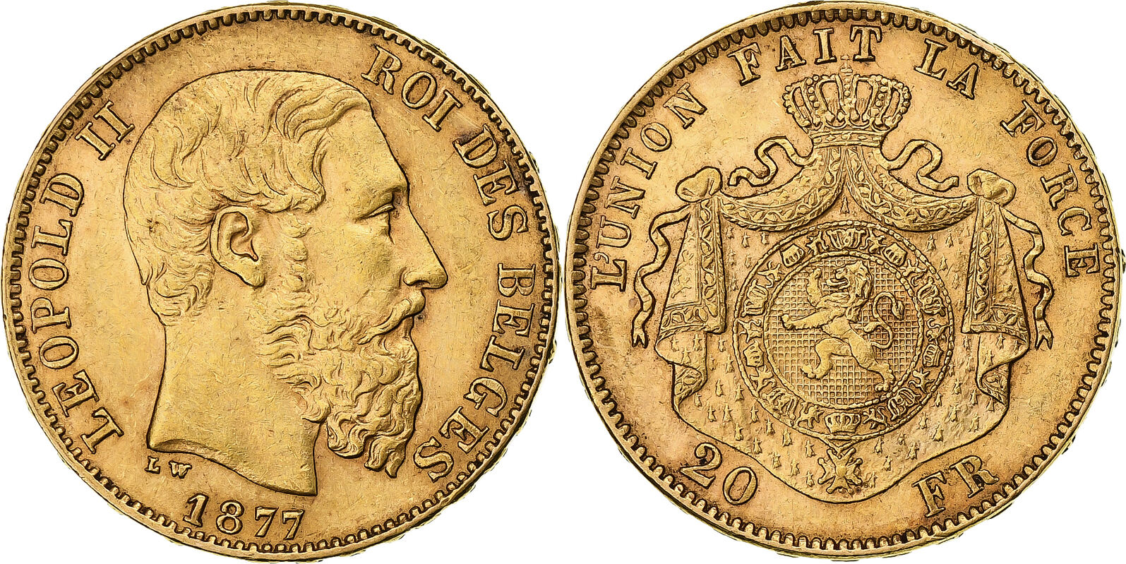 Belgien 20 Francs, 20 Frank 1877 Leopold II, Gold, SS, KM:37 | MA-Shops