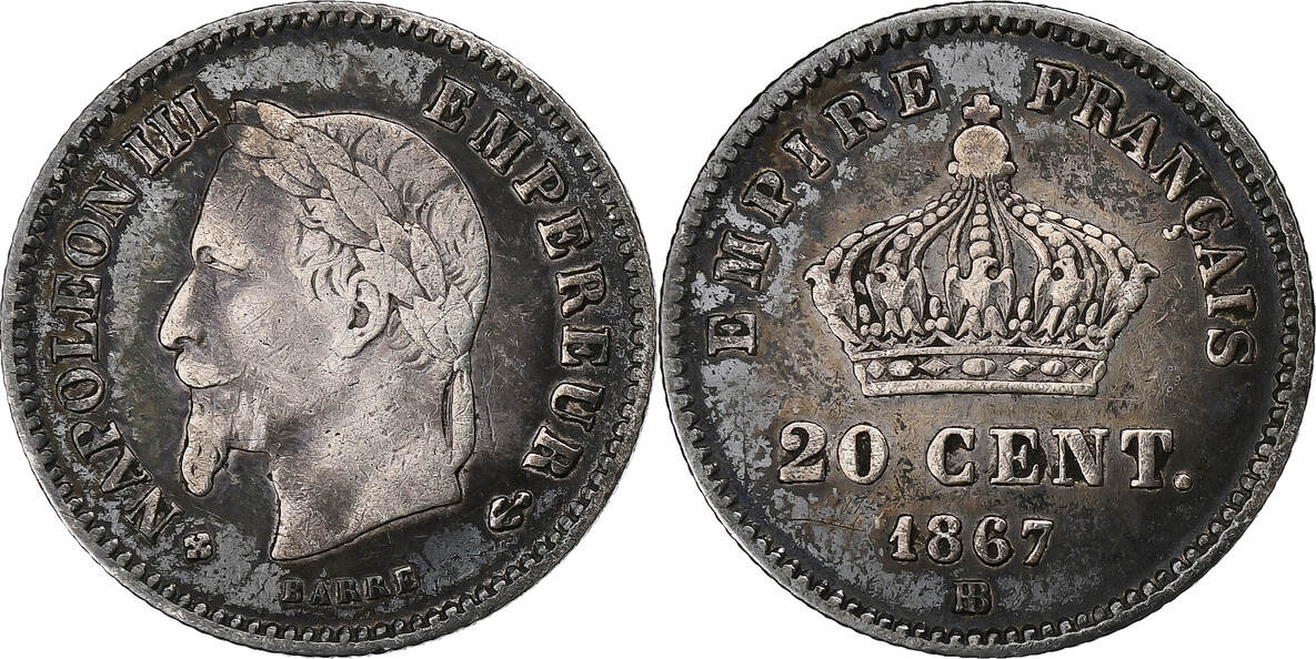 Frankreich 20 Centimes 1867 Strasbourg Napoleon III, Strasbourg, Silber, SS | MA-Shops