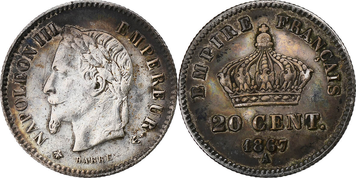 Frankreich 20 Centimes 1867 Paris Napoleon III, Paris, Silber, SS, Gadoury:309 | MA-Shops