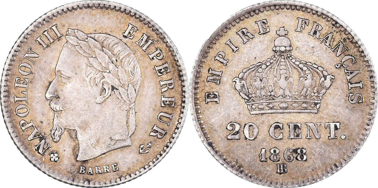 Frankreich 20 Centimes 1868 BB Münze, Napoleon III, Strasbourg, SS+, Silber | MA-Shops