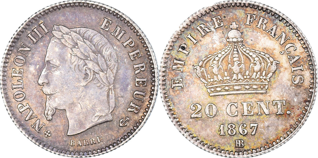 Frankreich 20 Centimes 1867 BB Münze, Napoleon III, Strasbourg, VZ+, Silber | MA-Shops