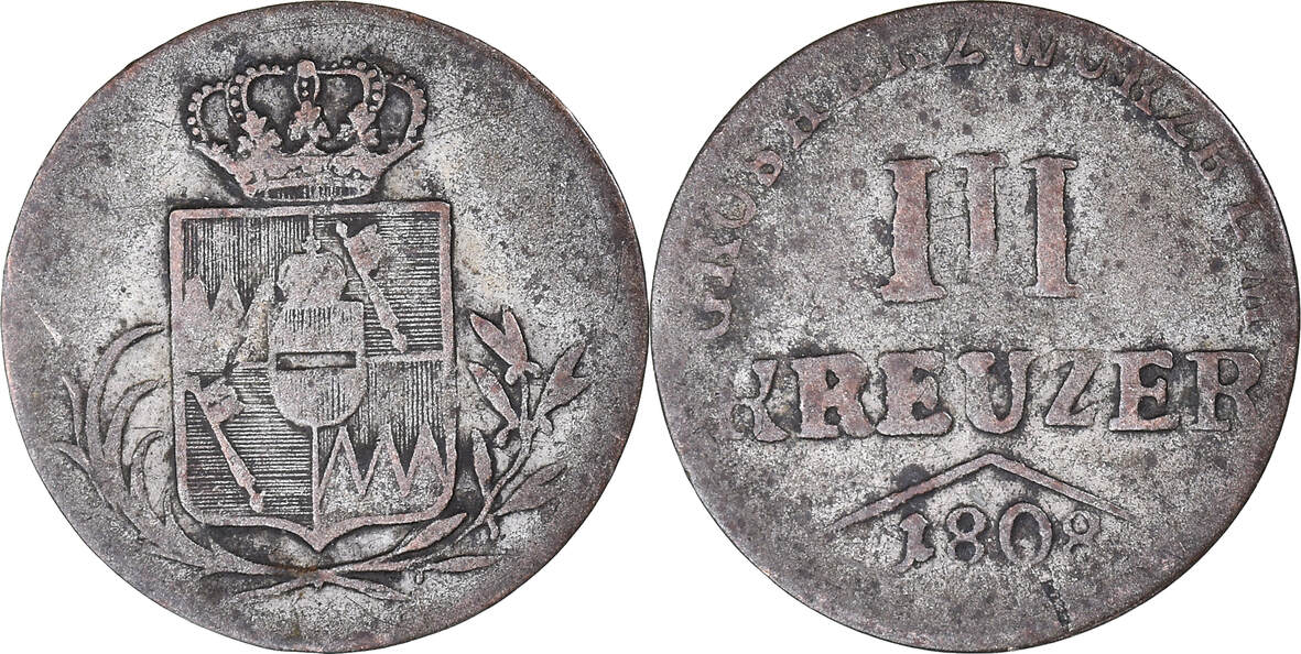 Deutsch Staaten 3 Kreuzer, Groschen 1808 Würzburg Münze, WURZBURG ...