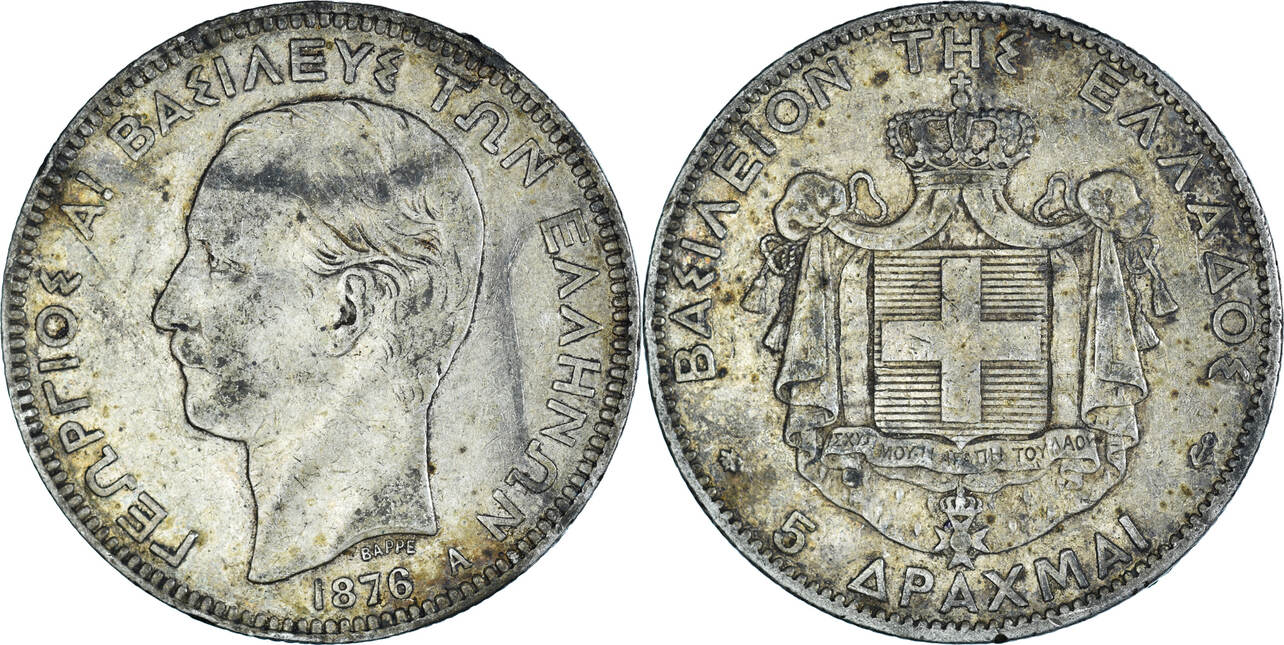 Griechenland 5 Drachmai 1876 A Münze, George I, Paris, S+, Silber, KM ...