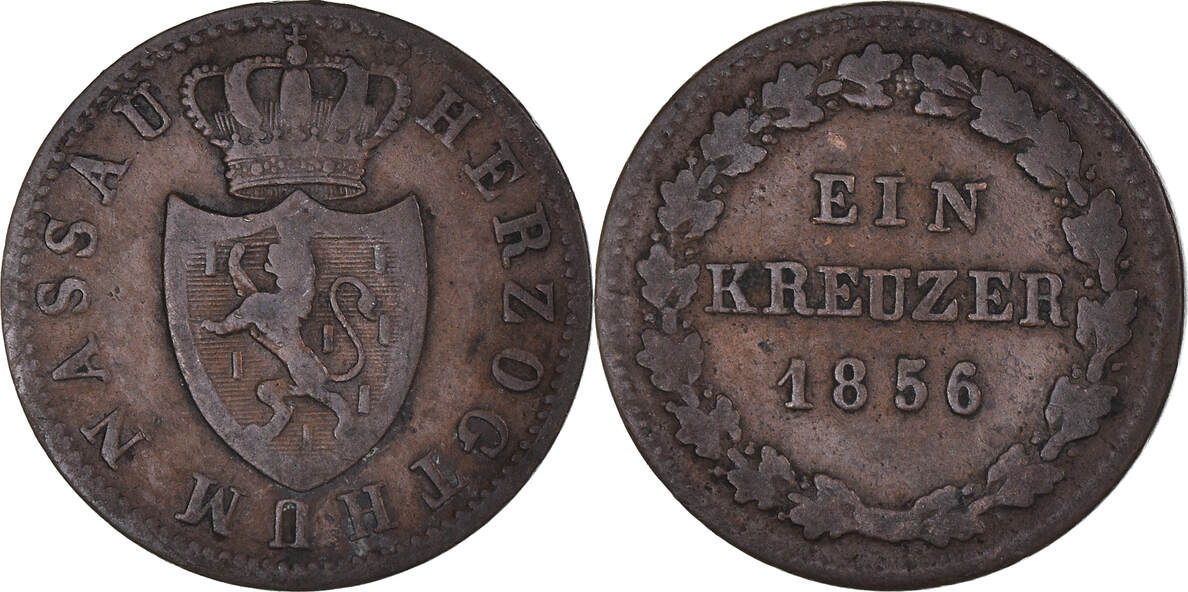 Deutsch Staaten Kreuzer 1856 Wiesbaden Münze, NASSAU, Adolph, Wiesbaden ...