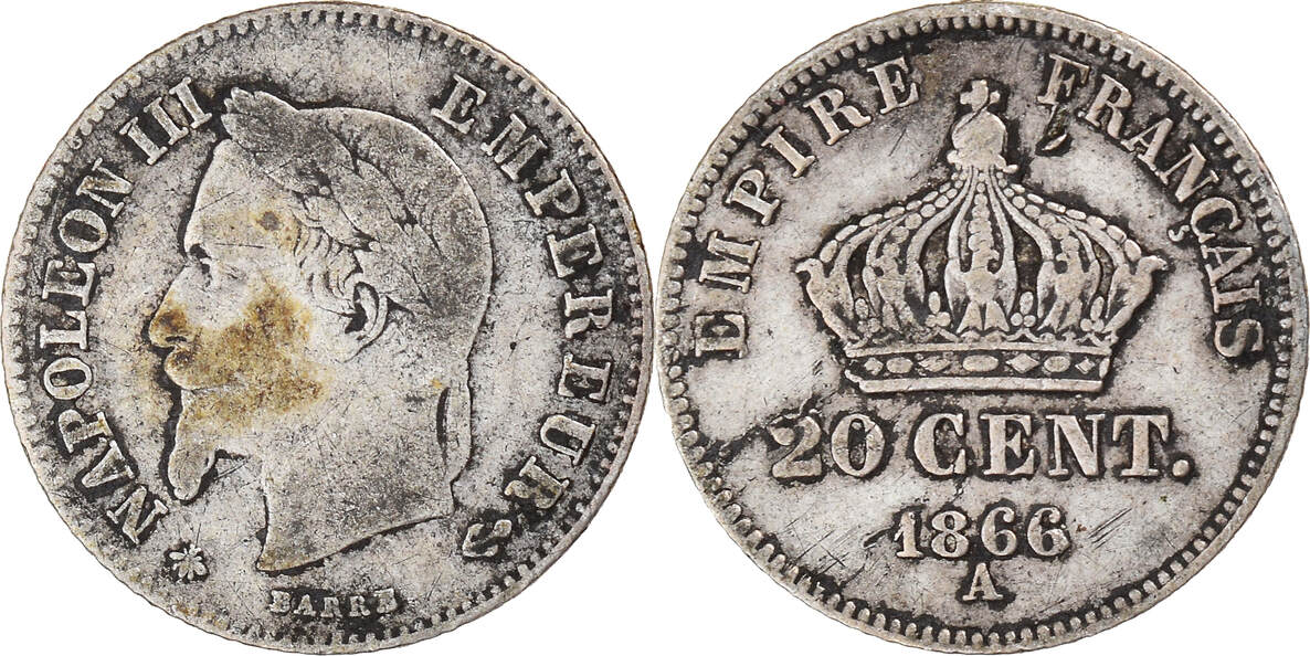 Frankreich 20 Centimes 1866 A Münze, Napoleon III, Paris, S+, Silber | MA-Shops