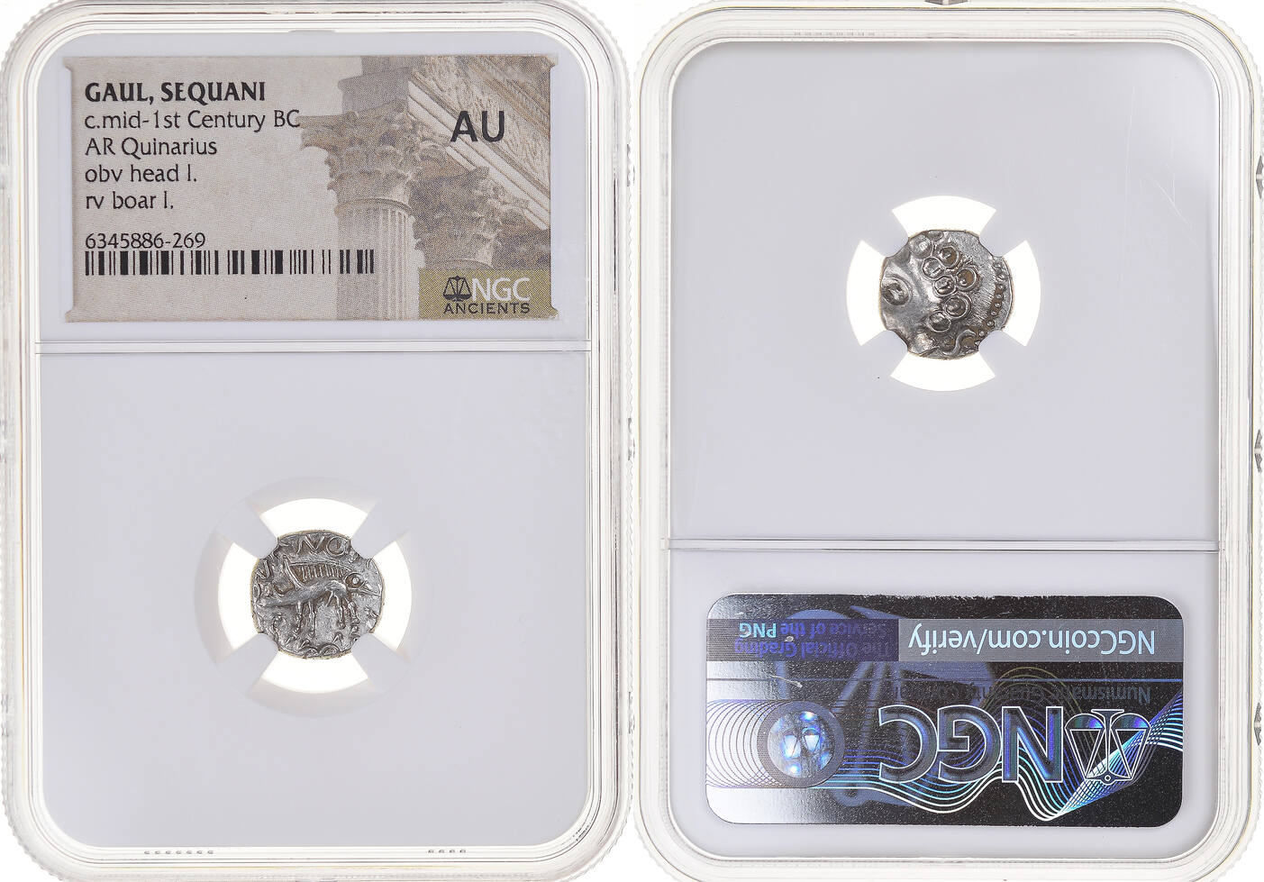 Quinarius 1st century BC Münze, Central Gaul, Sequani, graded, NGC, AU ...