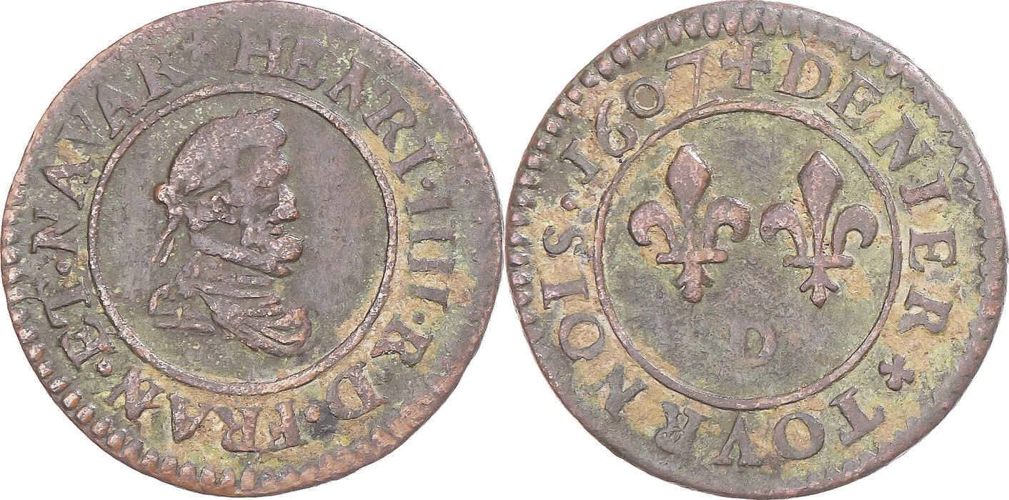 Frankreich Denier Tournois 1607 Lyon Münze, Henry IV, Lyon, SS, Kupfer ...