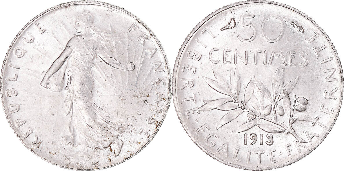 Frankreich 50 Centimes 1913 Paris Münze, Semeuse, Paris, UNZ+, Silber, KM:854 | MA-Shops