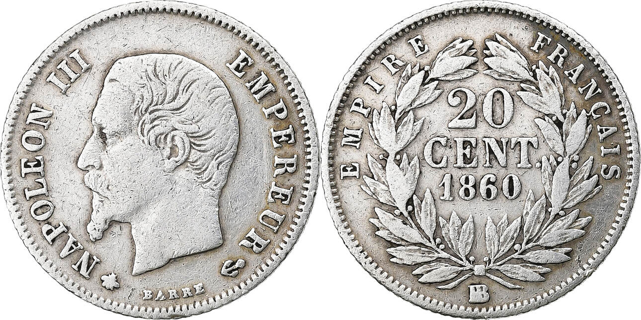 Frankreich 20 Centimes 1860 BB Napoleon III, Napoléon III, Strasbourg, Silber S+ | MA-Shops