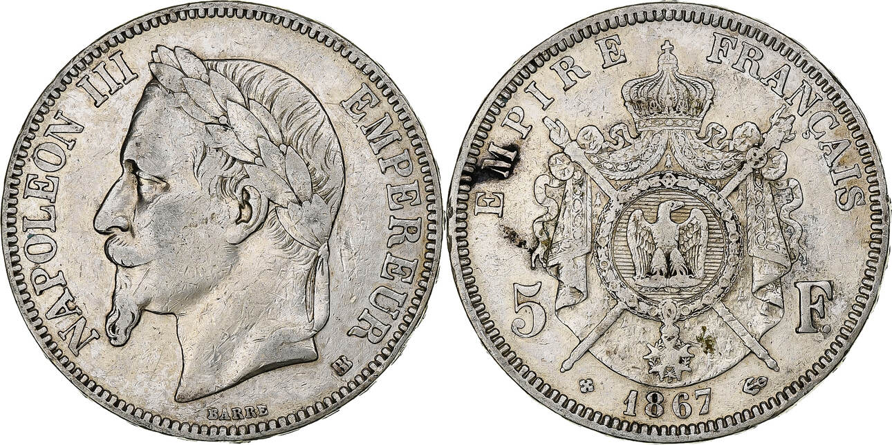 Frankreich 5 Francs 1867 Strasbourg Napoleon III, Strasbourg, Silber, S+, Gadoury:739 | MA-Shops