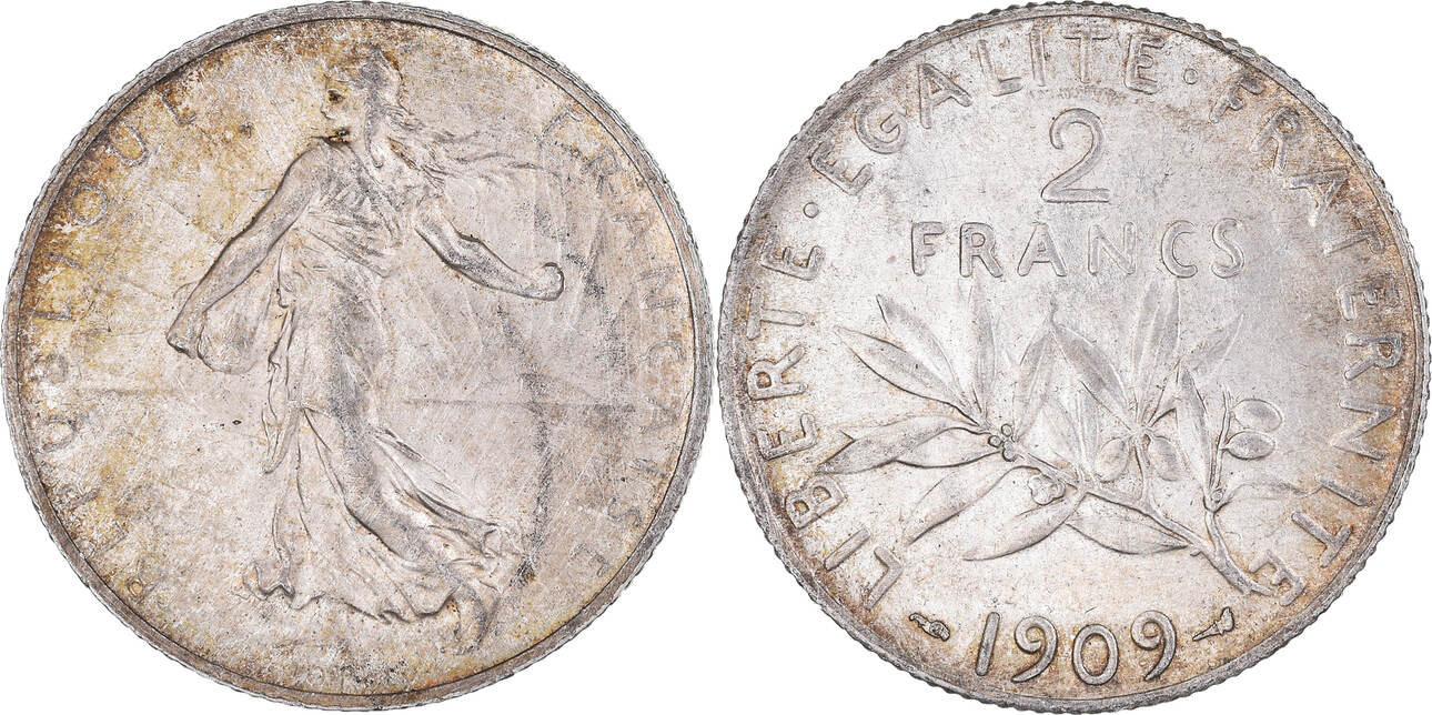 Frankreich 2 Francs 1909 Paris Münze, Semeuse, Paris, VZ+, Silber, KM ...