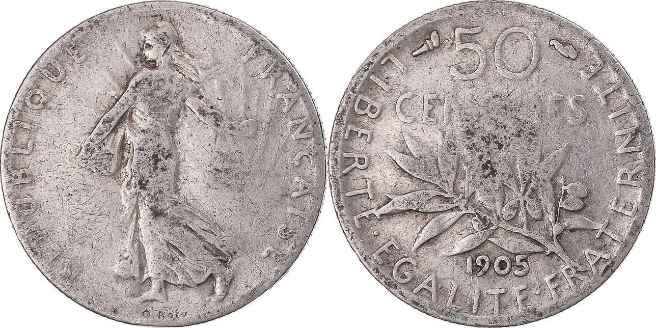 Frankreich 50 Centimes 1905 Paris Münze, Semeuse, S+, Silber, KM:854, Gadoury:420 | MA-Shops