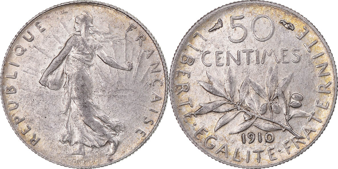 Frankreich 50 Centimes 1910 Paris Münze, Semeuse, Paris, S+, Silber, KM:854 | MA-Shops
