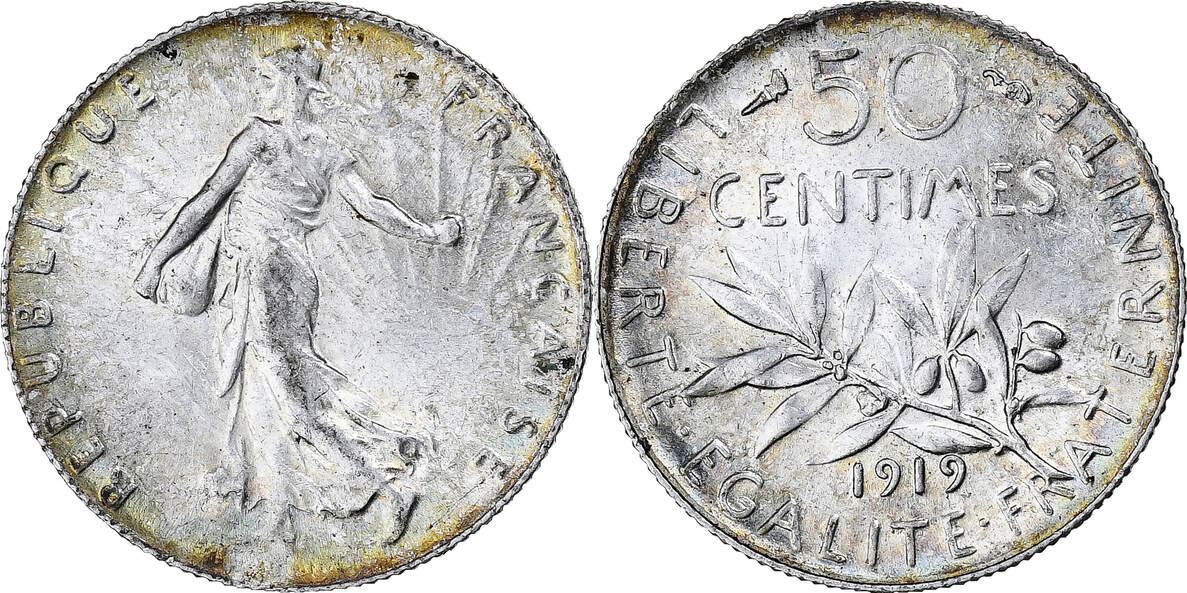 Frankreich 50 Centimes 1919 Paris Semeuse, Paris, Silver, KM:854 VZ+ | MA-Shops