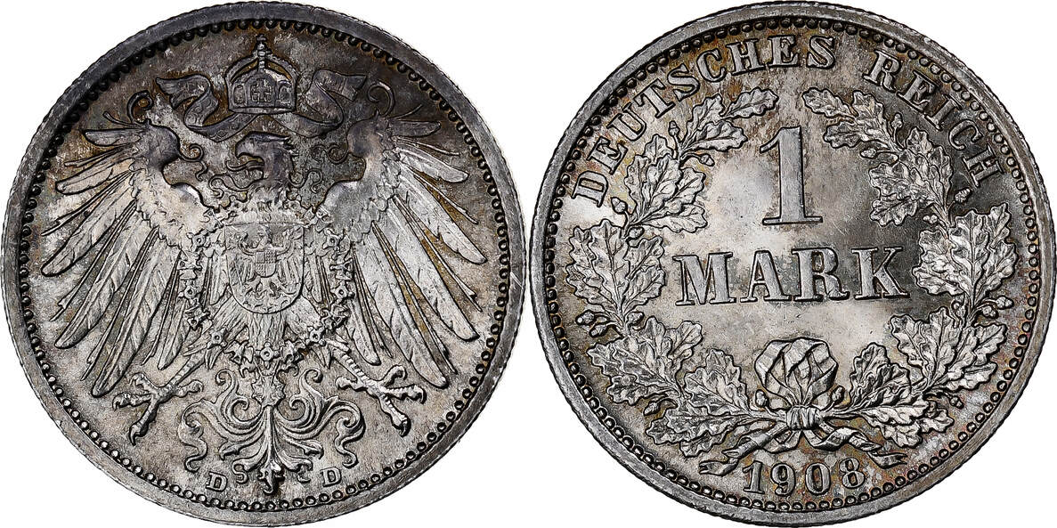 GERMANY - EMPIRE Mark 1908 D Münze, Wilhelm II, Munich, SS, Silber, KM ...