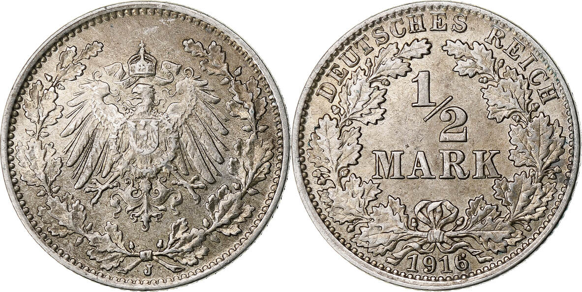 GERMANY - EMPIRE 1/2 Mark 1916 J Hambourg, Silber, VZ, KM:17 | MA-Shops