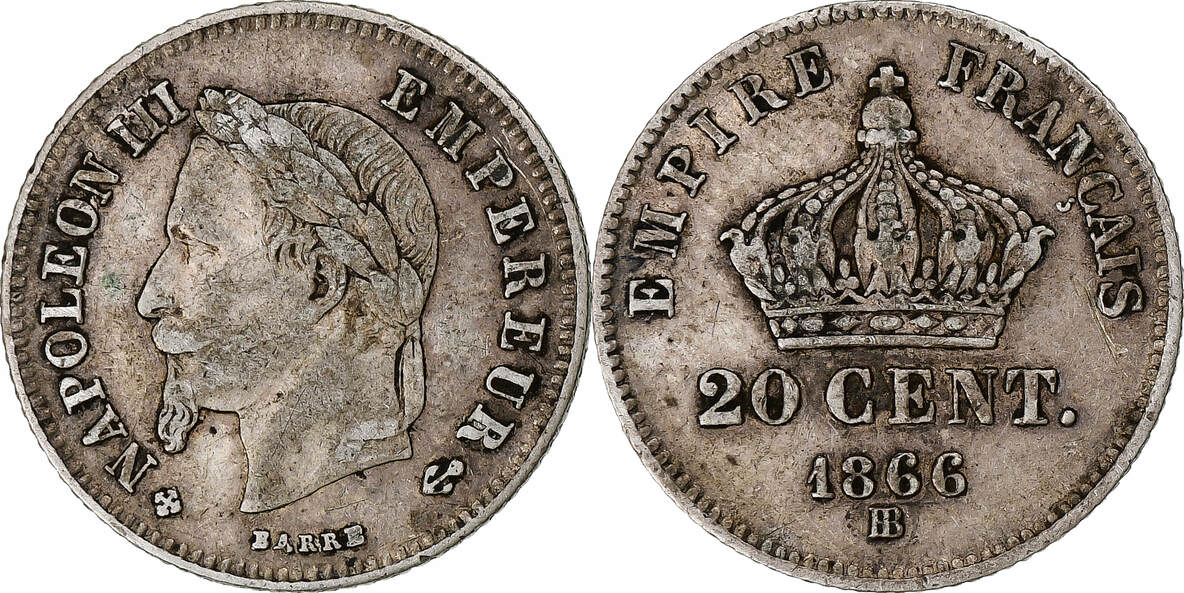 Frankreich 20 Centimes 1866 BB Münze, Napoleon III, Napoléon III, Strasbourg SS | MA-Shops