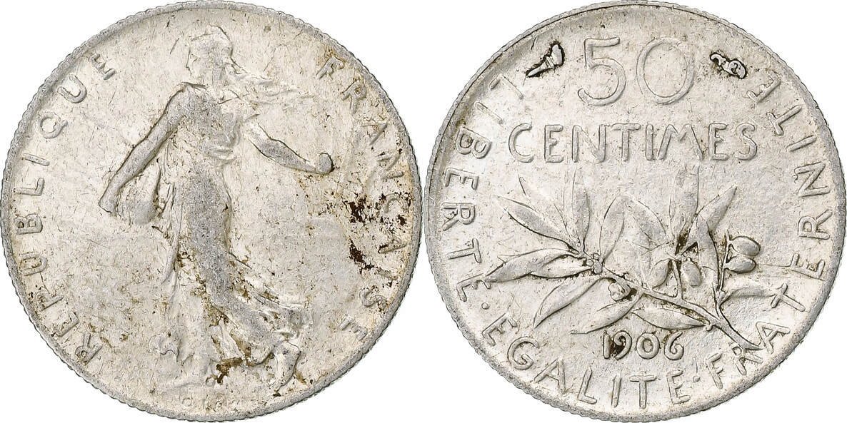 Frankreich 50 Centimes 1906 Paris Münze, Semeuse, Paris, SS, Silber, KM:854 | MA-Shops