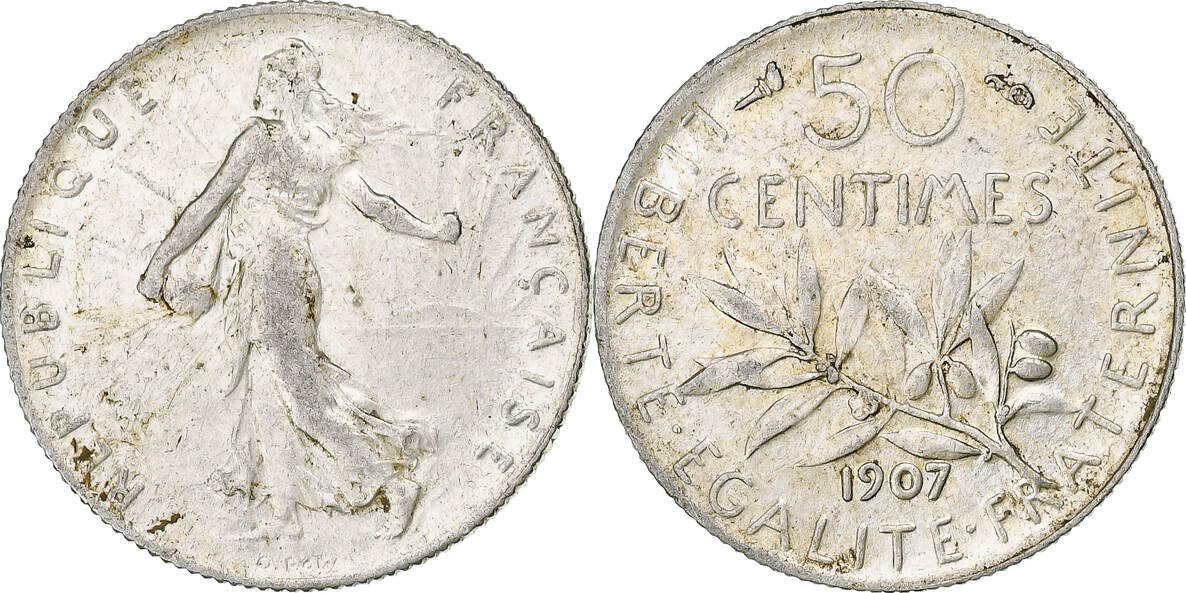 Frankreich 50 Centimes 1907 Paris Semeuse, Paris, Silver, KM:854 SS | MA-Shops