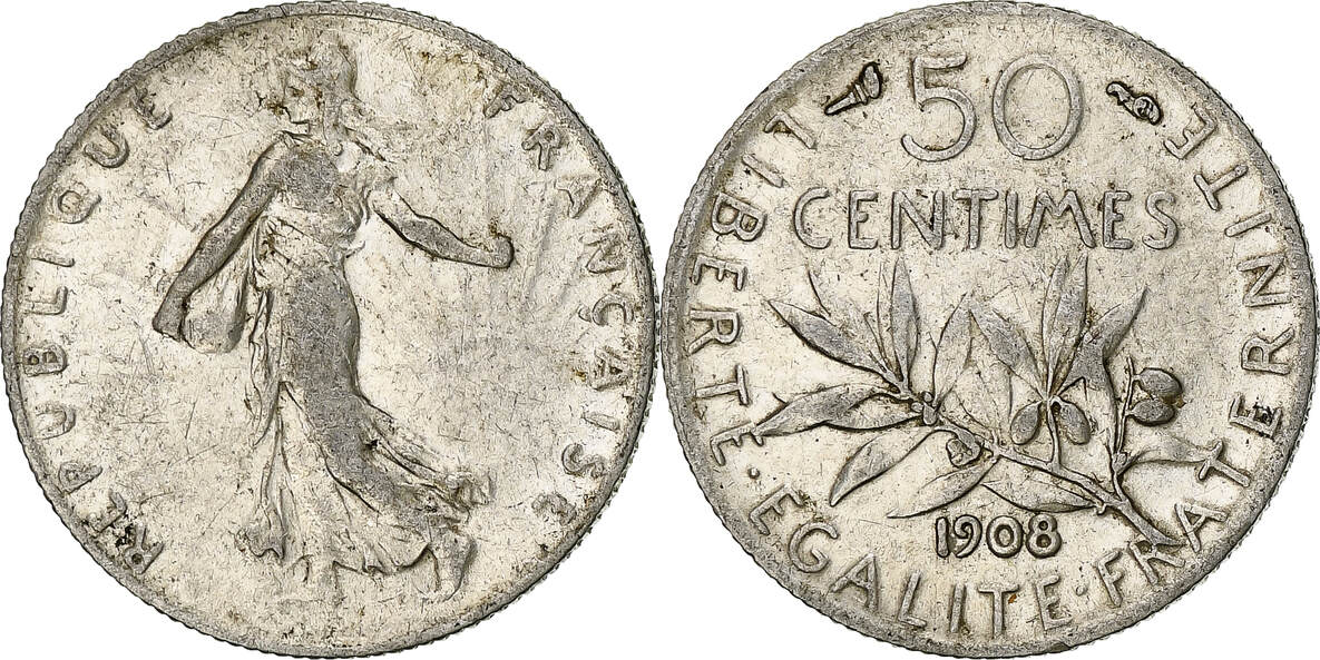 Frankreich 50 Centimes 1908 Paris Semeuse, Paris, Silber, KM:854 SS+ | MA-Shops