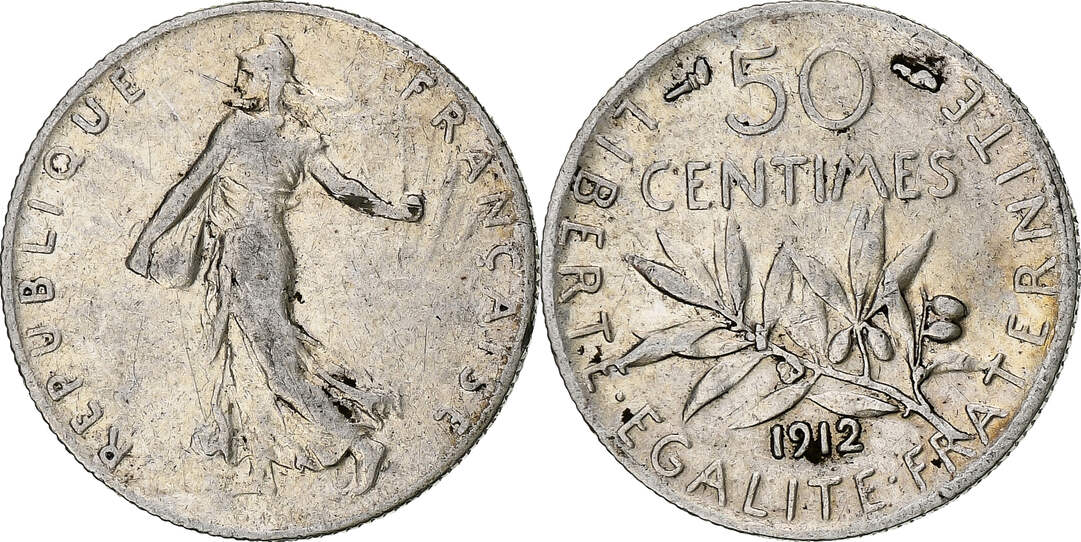 Frankreich 50 Centimes 1912 Paris Semeuse, Paris, Silber, VZ+, Gadoury:420, KM:854 | MA-Shops