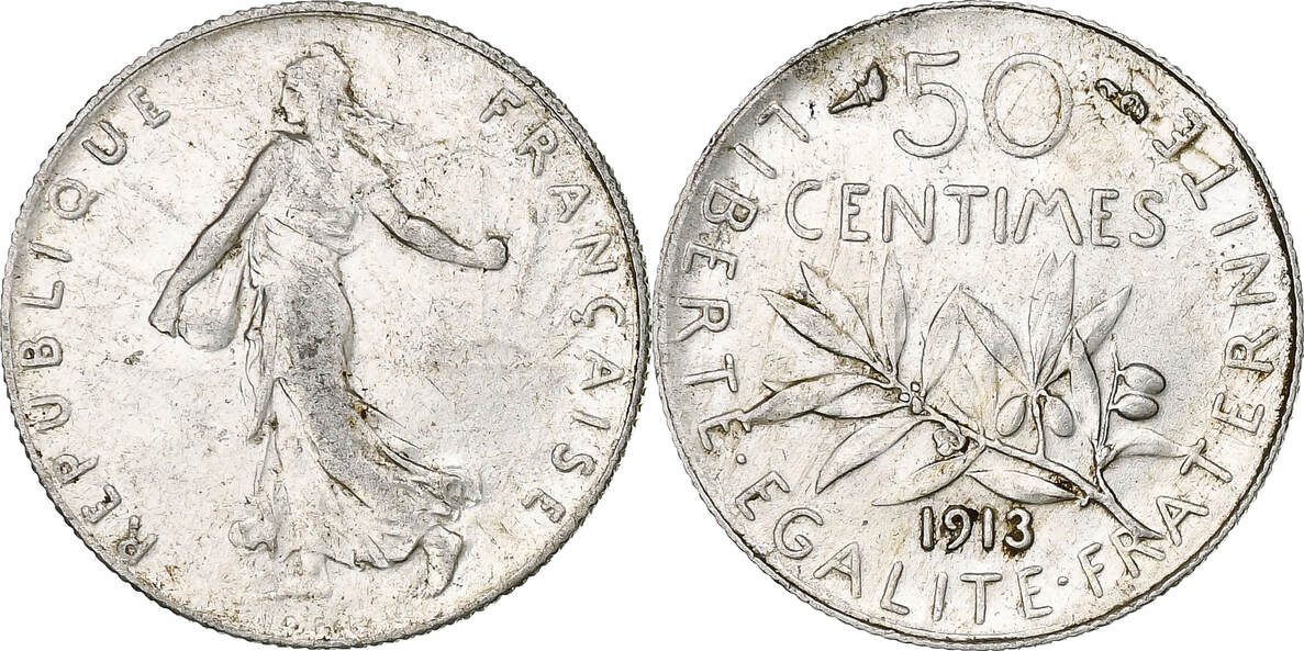Frankreich 50 Centimes 1913 Paris Münze, Semeuse, Paris, VZ, Silber, KM:854 | MA-Shops