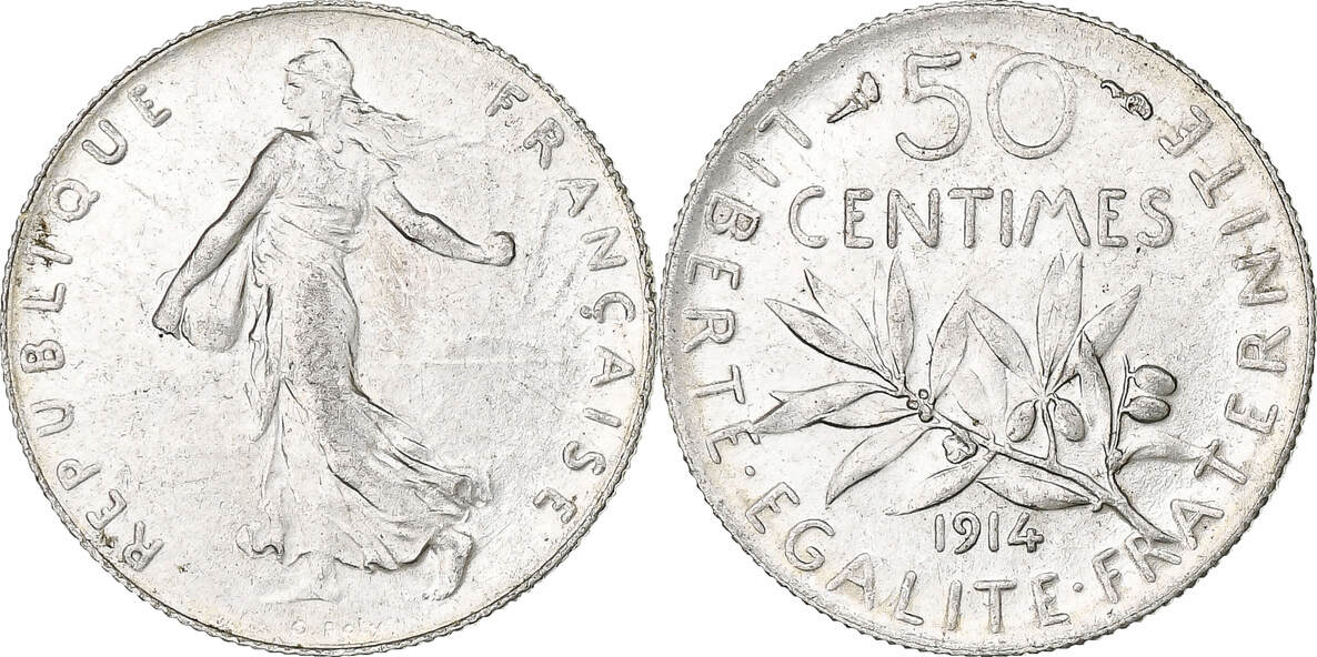 Frankreich 50 Centimes 1914 Paris Semeuse, Paris, Silber, VZ, Gadoury:420, KM:854 | MA-Shops