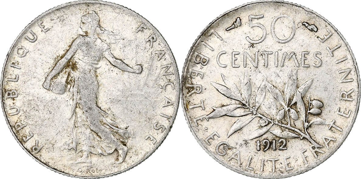 Frankreich 50 Centimes 1912 Paris Münze, Semeuse, VZ, Silber, Gadoury:420 | MA-Shops