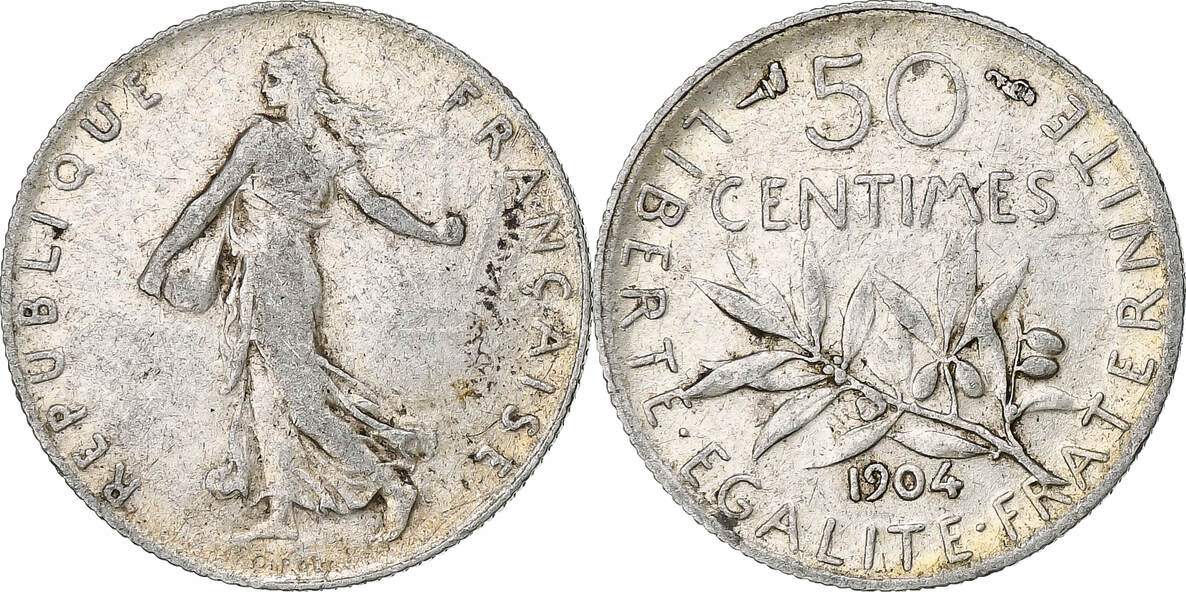 Frankreich 50 Centimes 1904 Paris Münze, Semeuse, Paris, S+, Silber, KM:854 | MA-Shops