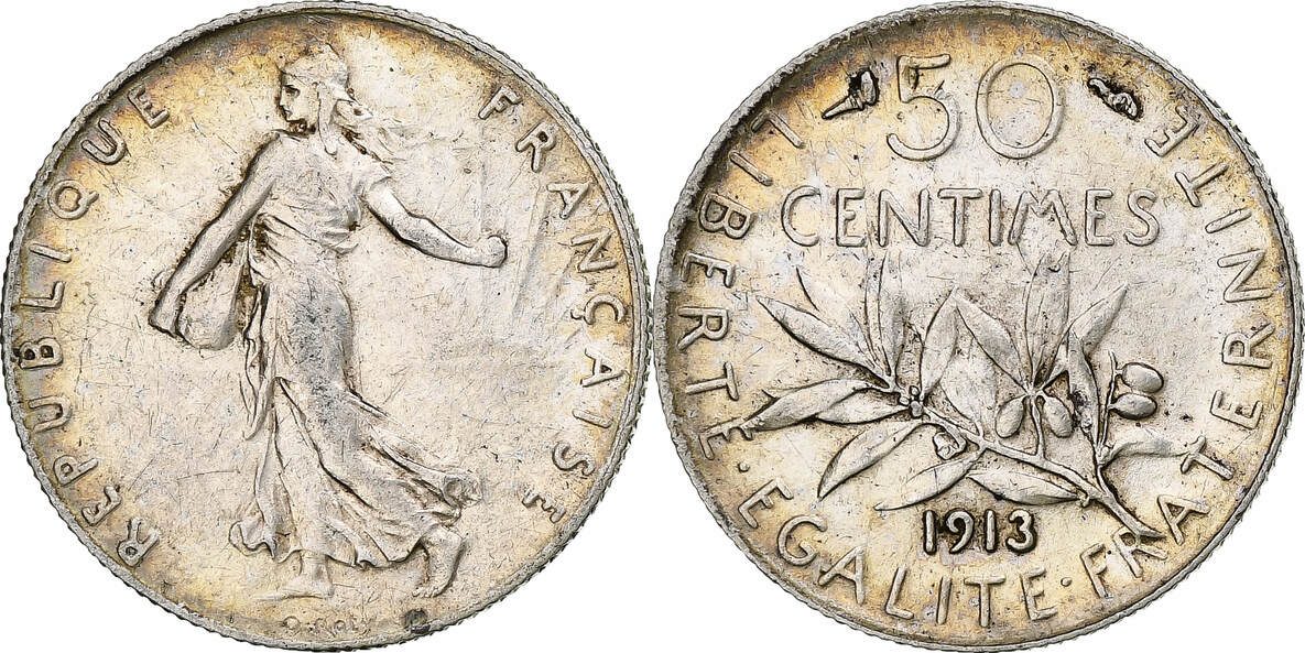Frankreich 50 Centimes 1913 Paris Semeuse, Paris, Silber, KM:854 SS | MA-Shops