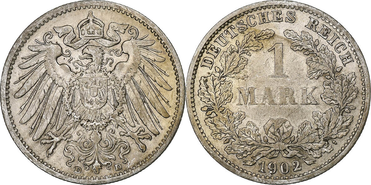 GERMANY - EMPIRE Mark 1902 D Münze, Wilhelm II, Munich, SS, Silber, KM ...