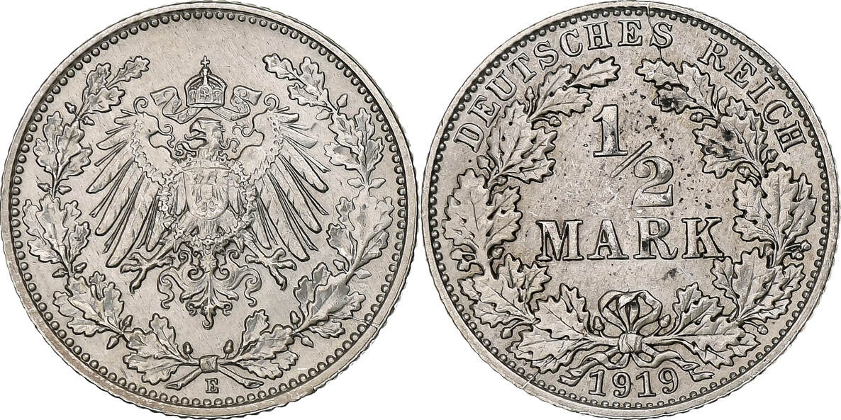 GERMANY - EMPIRE 1/2 Mark 1919 E Muldenhütten, Silber, SS+, KM:17 | MA-Shops