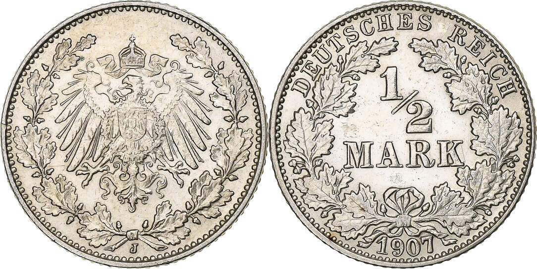 GERMANY - EMPIRE 1/2 Mark 1907 J Münze, Hambourg, SS+, Silber, KM:17 | MA-Shops