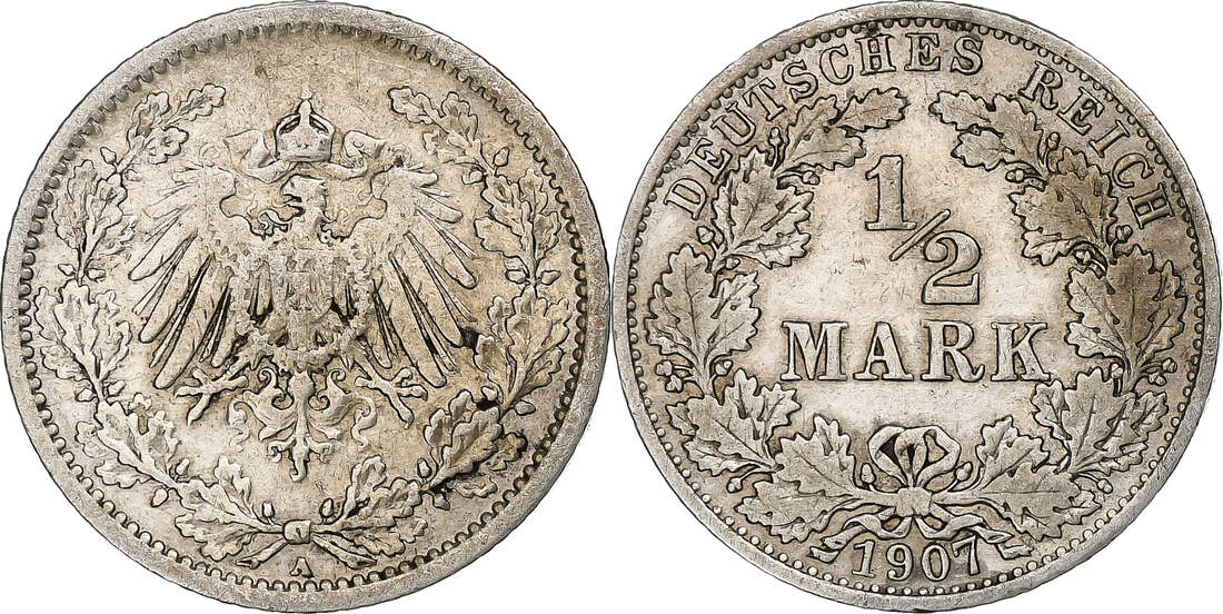 GERMANY - EMPIRE 1/2 Mark 1907 A Wilhelm II, Berlin, Silber, SS, KM:17 | MA-Shops