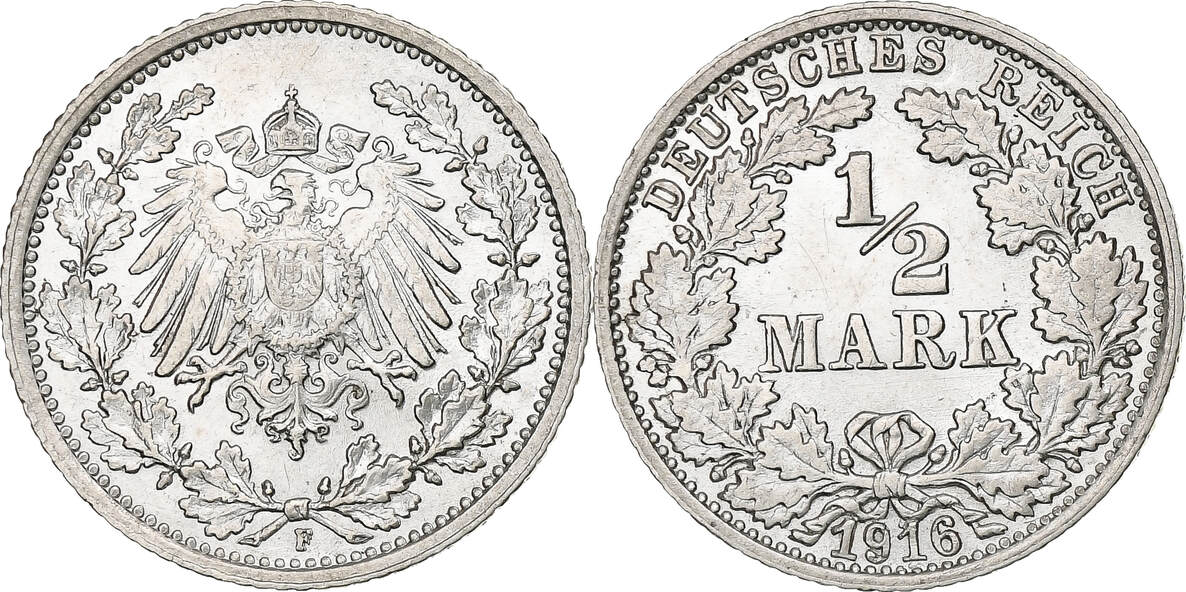 GERMANY - EMPIRE 1/2 Mark 1916 F Stuttgart, Silber, VZ+, KM:17 | MA-Shops