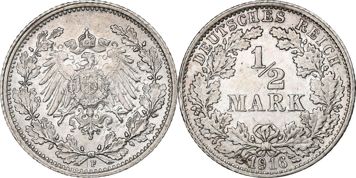 GERMANY - EMPIRE 1/2 Mark 1916 F Stuttgart, Silber, VZ+, KM:17 | MA-Shops