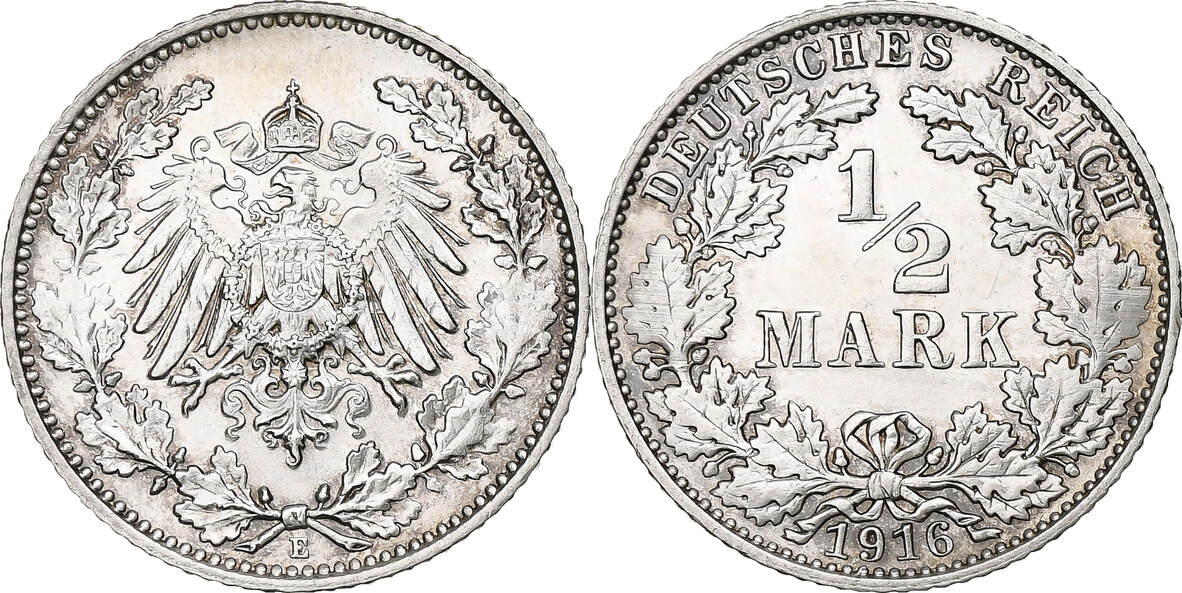 GERMANY - EMPIRE 1/2 Mark 1916 E Muldenhütten, Silber, VZ+, KM:17 | MA-Shops