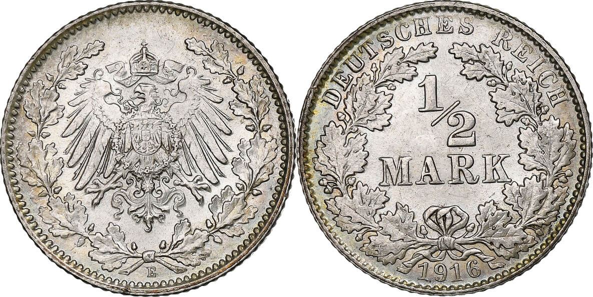GERMANY - EMPIRE 1/2 Mark 1916 E Muldenhütten, Silber, VZ, KM:17 | MA-Shops