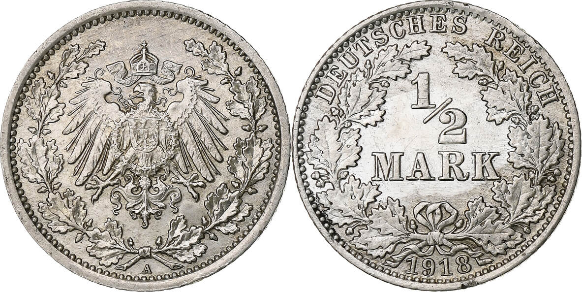 GERMANY - EMPIRE 1/2 Mark 1918 A Münze, Berlin, UNZ, Silber, KM:17 | MA-Shops