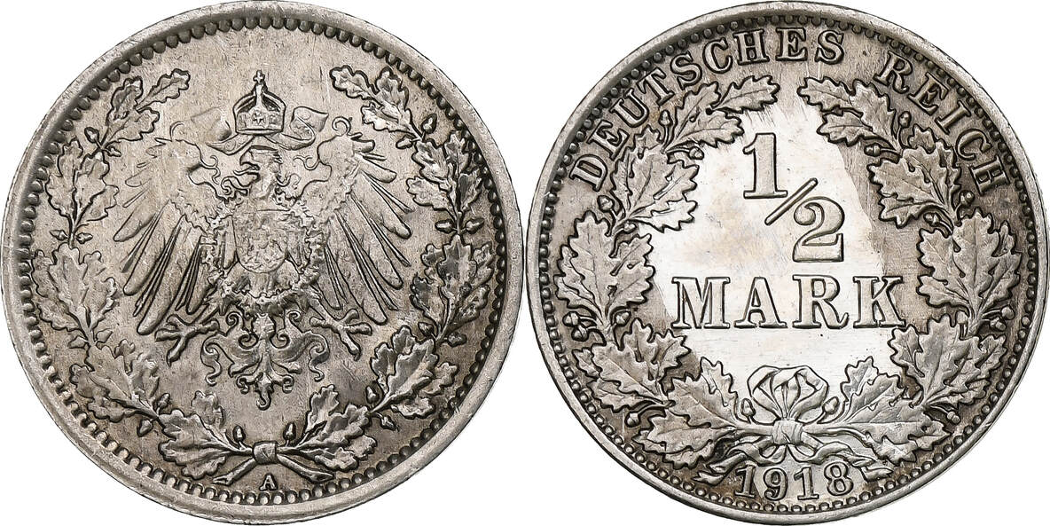 GERMANY - EMPIRE 1/2 Mark 1918 A Berlin, Silber, SS+, KM:17 | MA-Shops