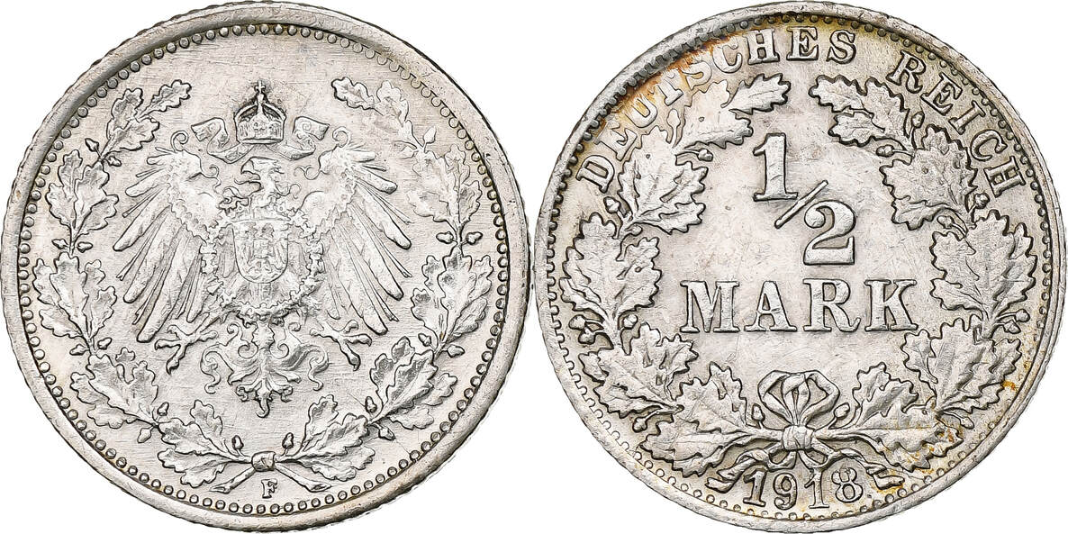 GERMANY - EMPIRE 1/2 Mark 1918 F Stuttgart, Silber, SS, KM:17 | MA-Shops
