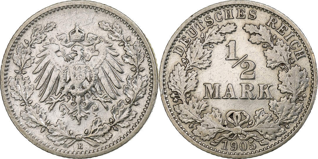 GERMANY - EMPIRE 1/2 Mark 1905 E Münze, Muldenhütten, S+, Silber, KM:17 | MA-Shops