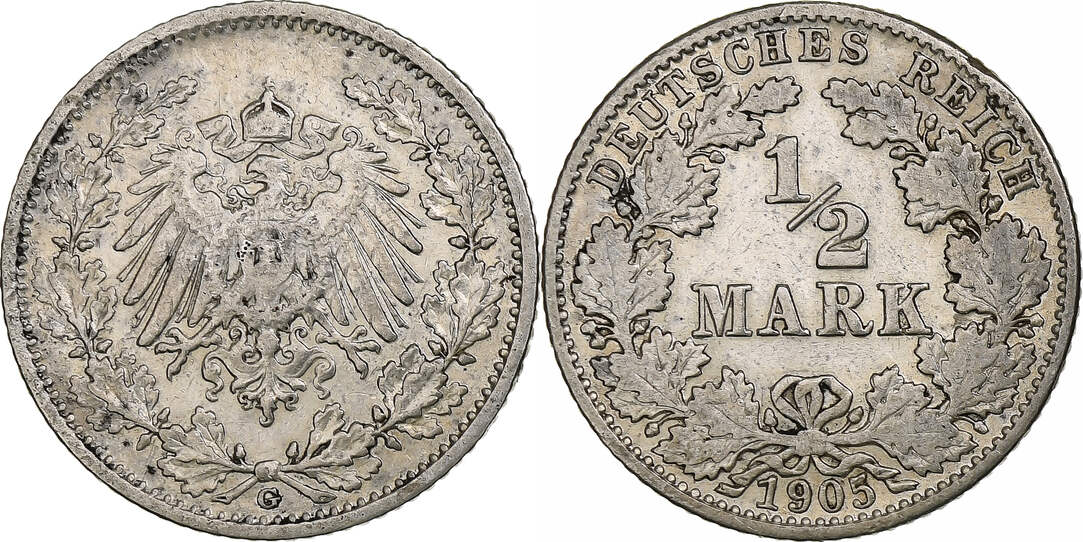 GERMANY - EMPIRE 1/2 Mark 1905 G Münze, Karlsruhe, S+, Silber, KM:17 | MA-Shops