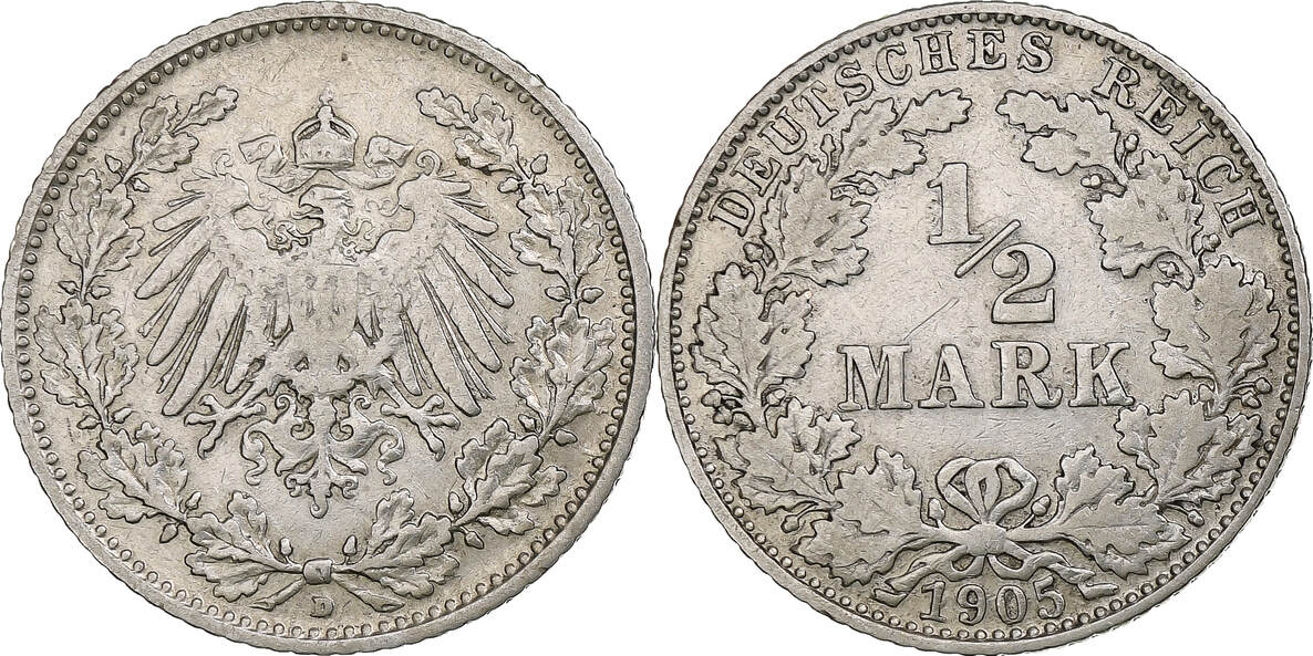 GERMANY - EMPIRE 1/2 Mark 1905 D Münze, Munich, S+, Silber, KM:17 | MA-Shops