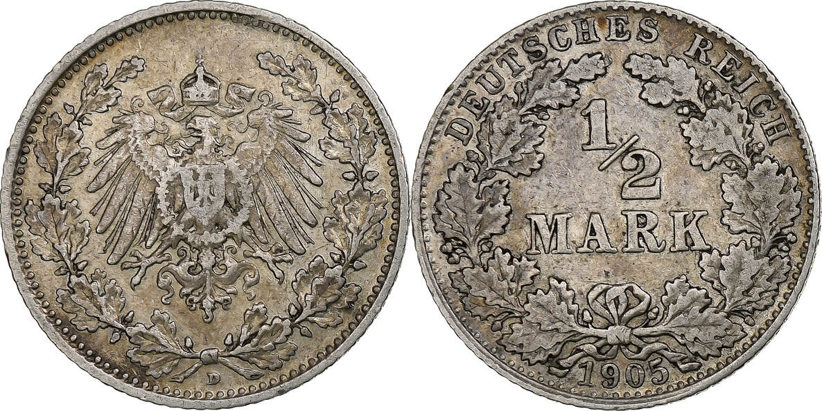 GERMANY - EMPIRE 1/2 Mark 1905 D Münze, Munich, S+, Silber, KM:17 | MA-Shops
