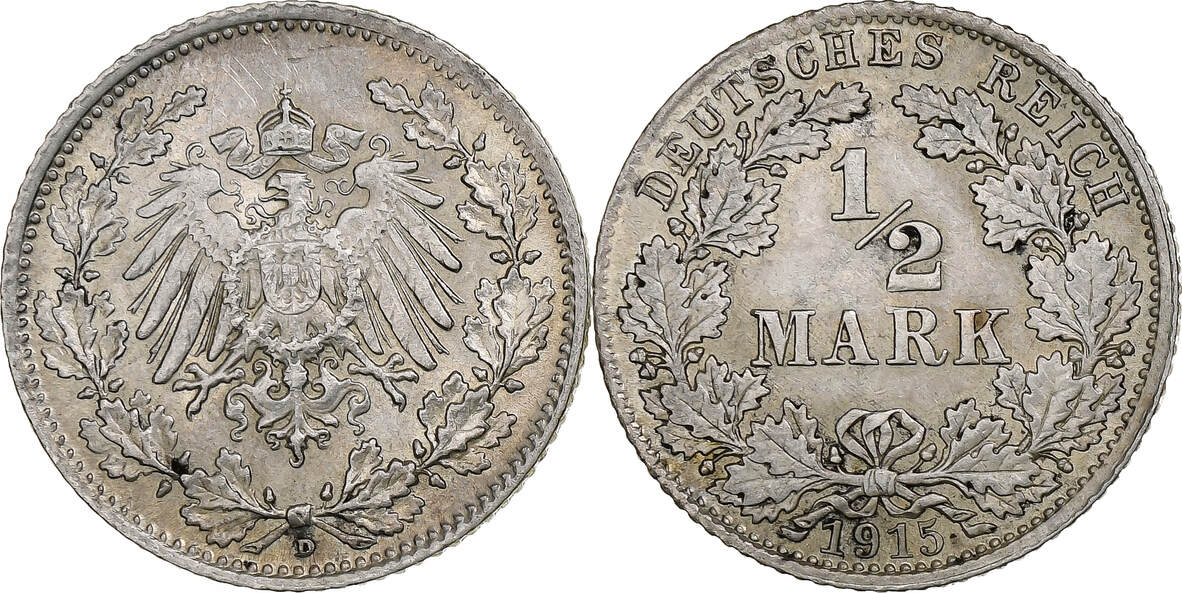 GERMANY - EMPIRE 1/2 Mark 1915 D Munich, Silber, SS, KM:17 | MA-Shops